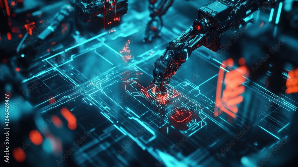 Robotic arm skillfully placing a microchip onto a futuristic circuit ...