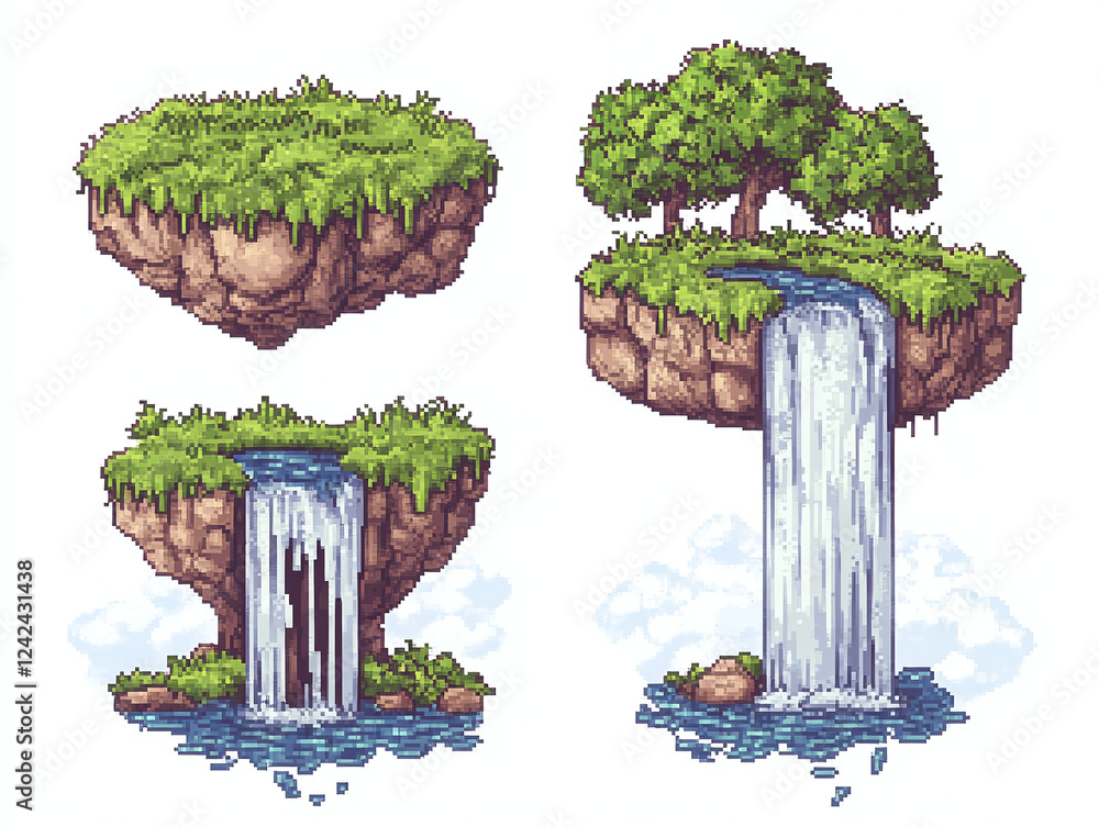 Pixel Art Floating Islands with Waterfalls Stock Illustration | Adobe Stock