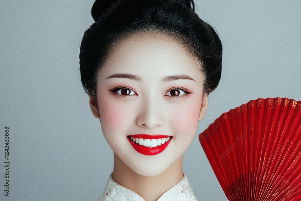 A portrait of an Asian woman with overbite teeth. She has big eyes and ...