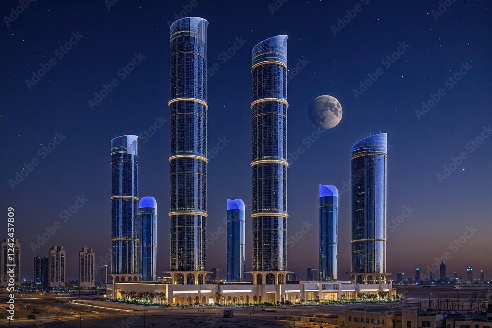 Moonlit Skyline of KAFD Towers in Riyadh, Saudi Arabia: A Beacon of ...