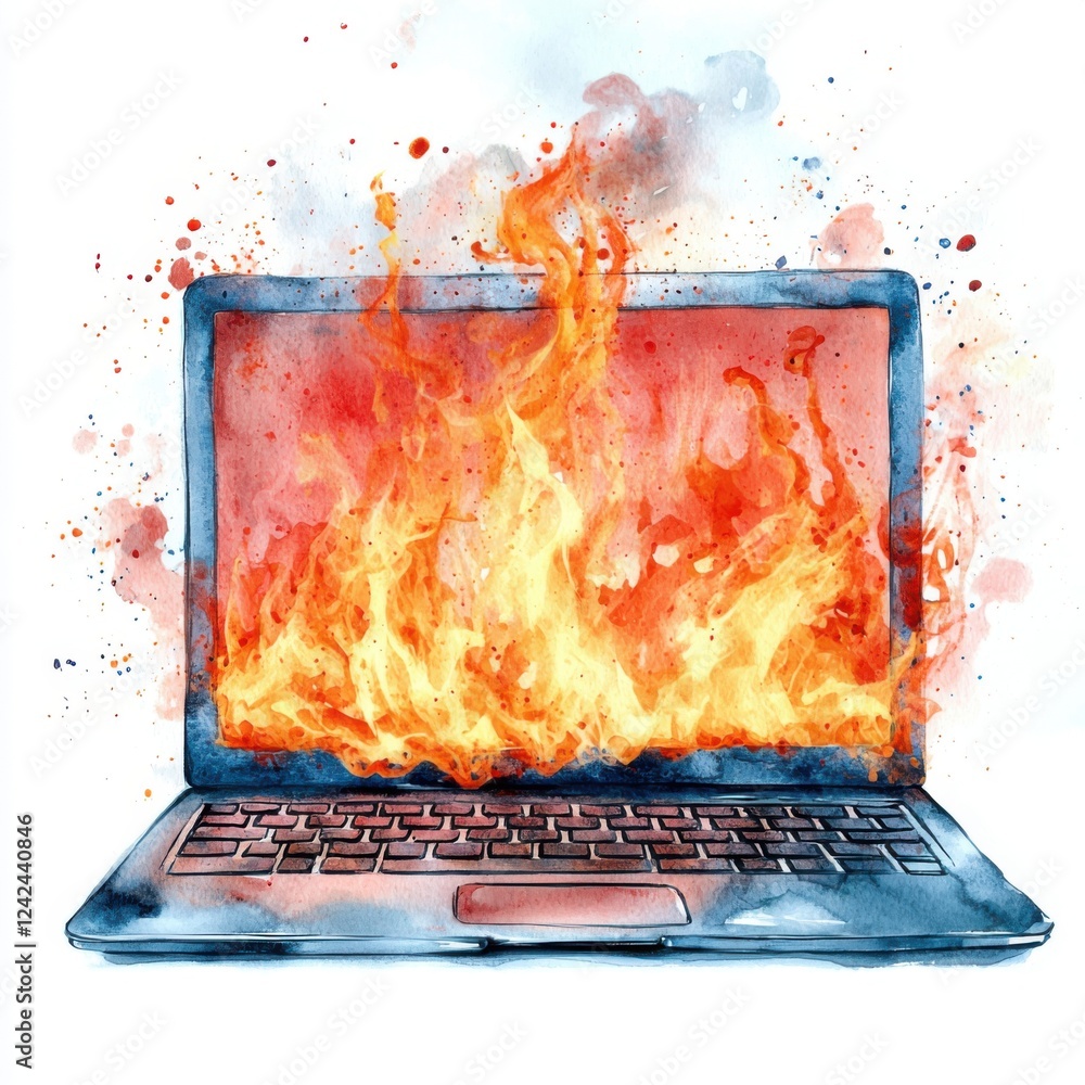 Fire erupts from laptop screen office space digital art modern ...