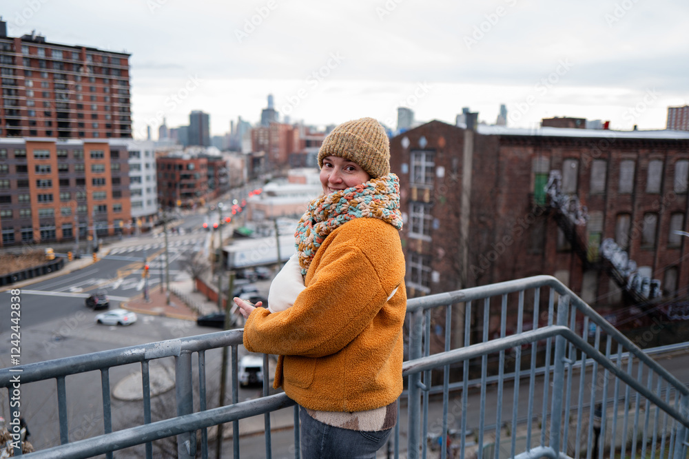 Woman Overlooking Urban Cityscape from Elevated Viewpoint Stock Photo ...