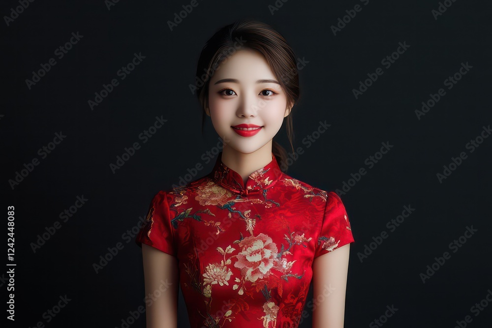 black background,normal hand,elegant color qipao, a Chinese girl ...