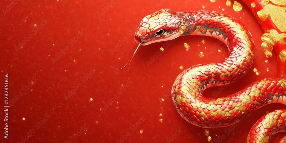 Red background, cute little snake with golden scales, tiny snake head ...