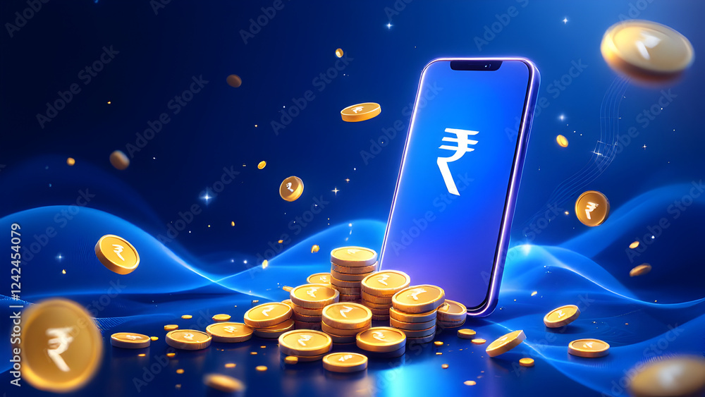 Indian rupee coins with cell phone illustration, digital wallet concept ...