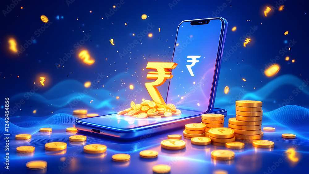 Indian rupee coins with cell phone illustration, digital wallet concept ...