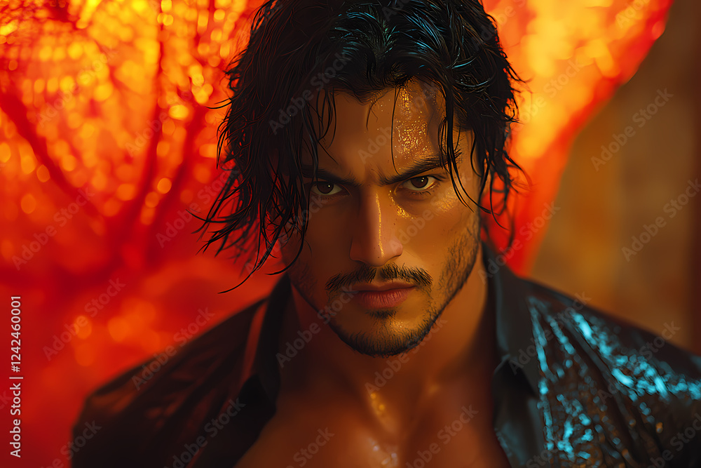 fashion model with muscles in a bold photo shoot. This fictional ...