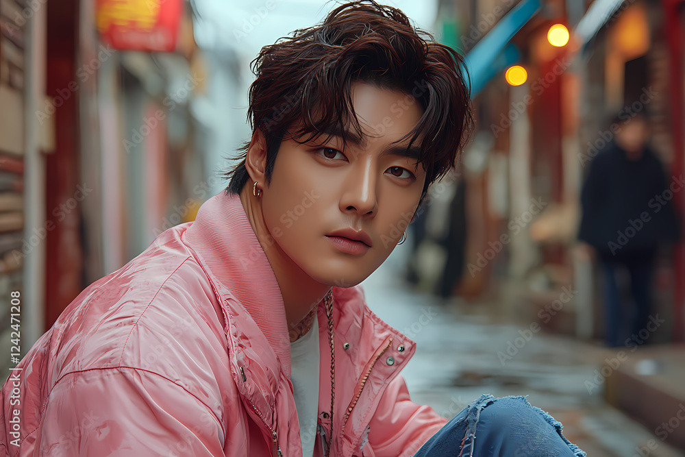 urban fashion images. Stylish model in denim jacket with hood poses for ...