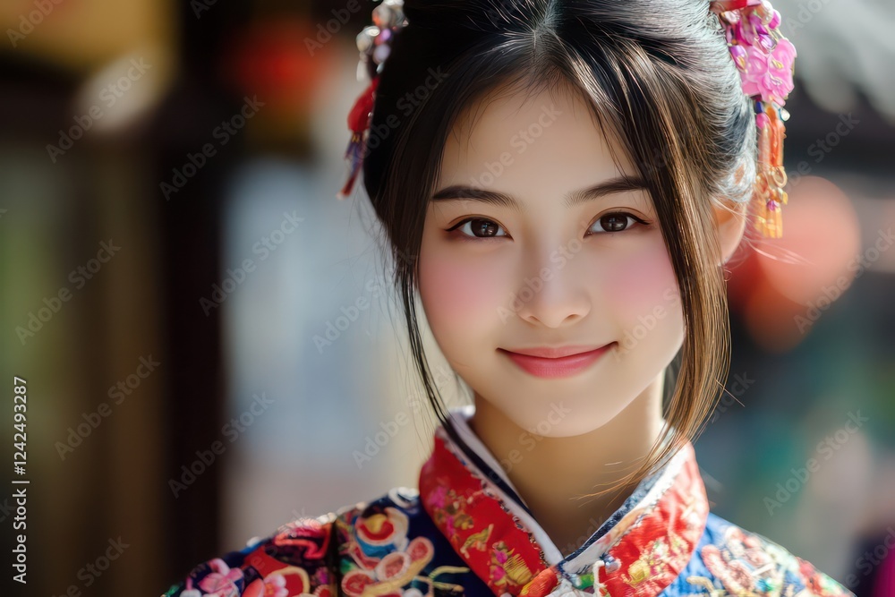 Beautiful Chinese girl with an oval face, fair skin and high forehead ...