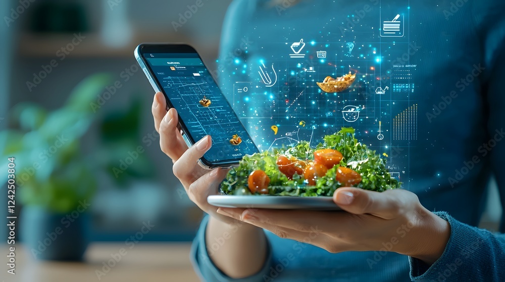 Futuristic display of a smart restaurant rating and review system ...