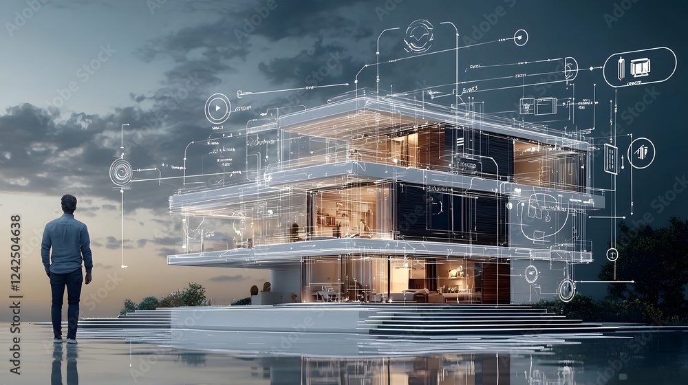 Futuristic virtual home tour interface featuring a sleek modern 3D ...