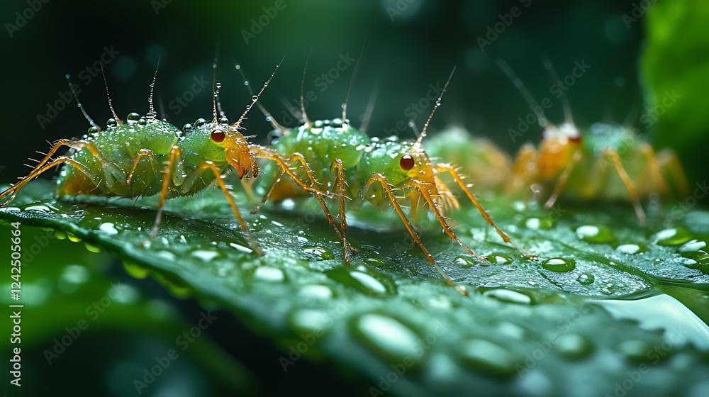 Green aphids crawling dew-covered leaf, rainforest background, nature ...