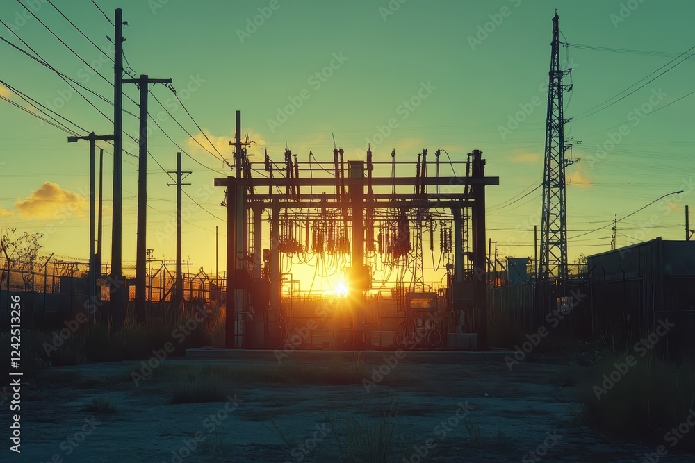 Silhouetted electrical substation at sunset, power lines and towers ...