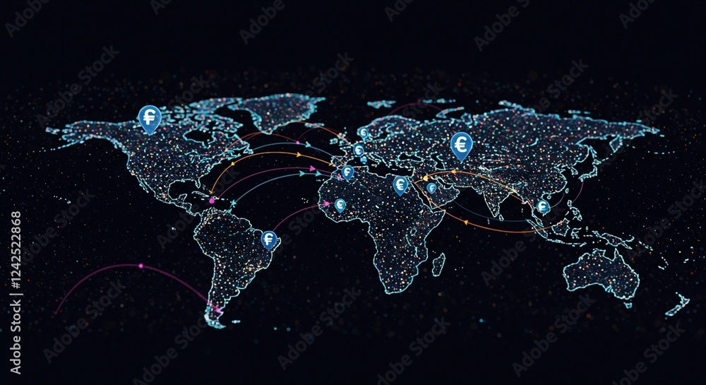 Digital representation of global interconnectedness, shown through a world map with connecting ...
