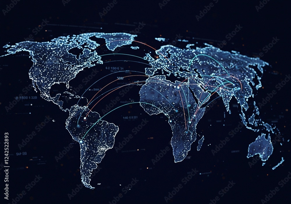 Perspective view of a digital world map highlighting global linkages ...