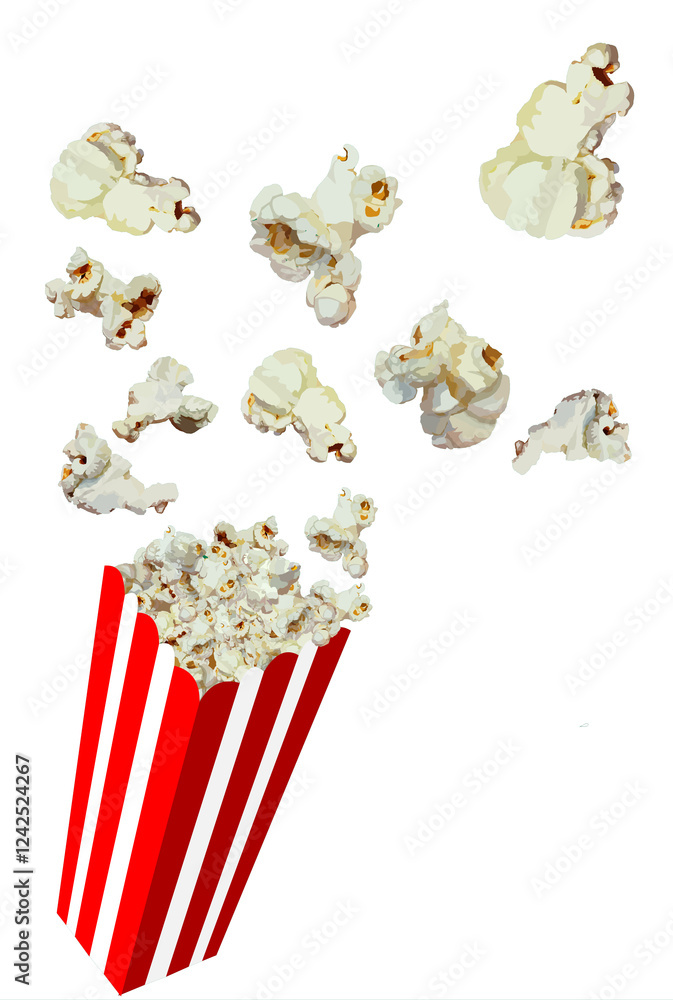 Red and white striped bucket and popcorn flying isolated on transparent ...