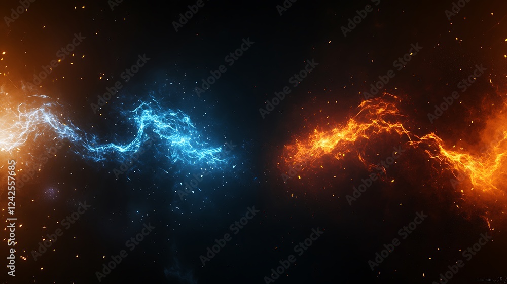Lightning and Fire: Blue Lightning on the Left and Orange Flames on the ...