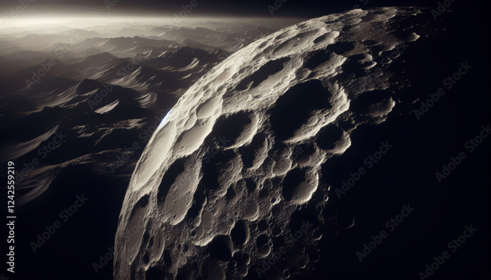 Lunar surface, rugged terrain showing lunar craters and uneven surfaces ...