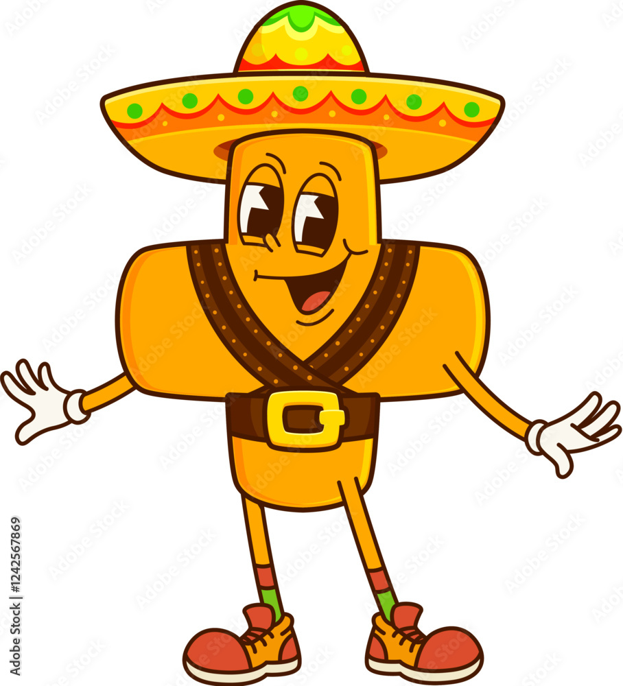 Cartoon groovy math character of plus sign in cowboy sombrero, vector ...