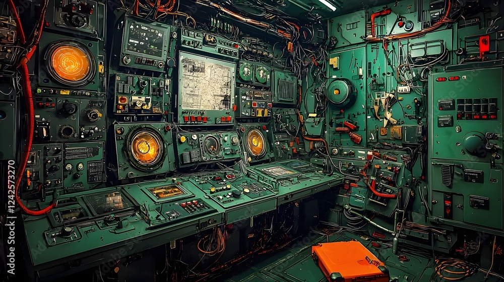 High tech military command and control bunker with strategists planning ...