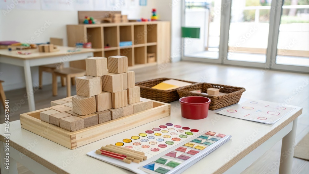 Wooden cubes and other materials on a therapy table for children, child ...