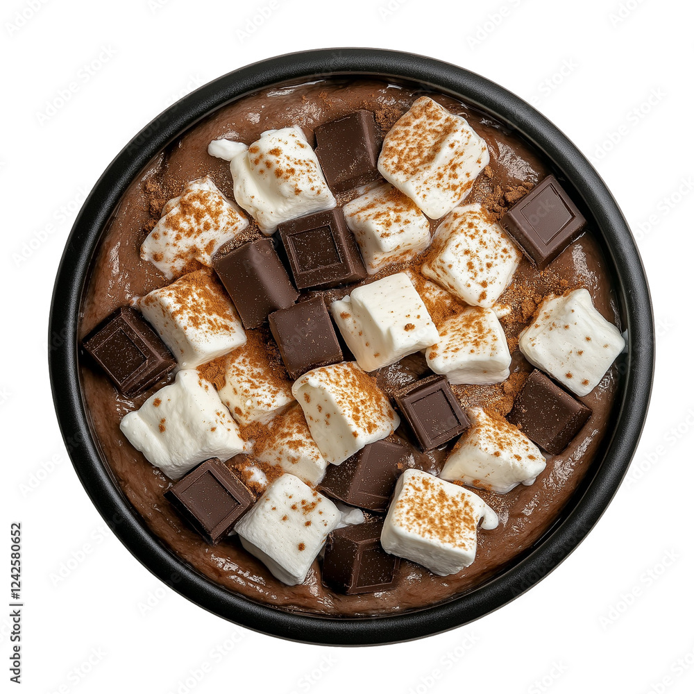 Extreme top view of hyper realistic s'mores chocolate pudding in a dark ...