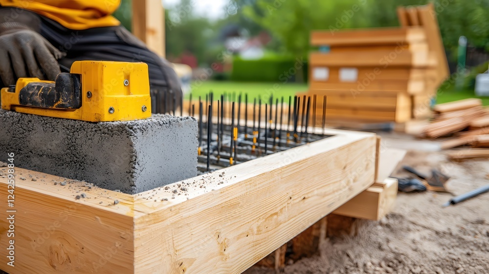 Construction Worker Placing Concrete Block in Wooden Formwork Outdoors ...