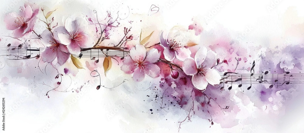 Tranquil background design blending cherry blossoms with delicate ...