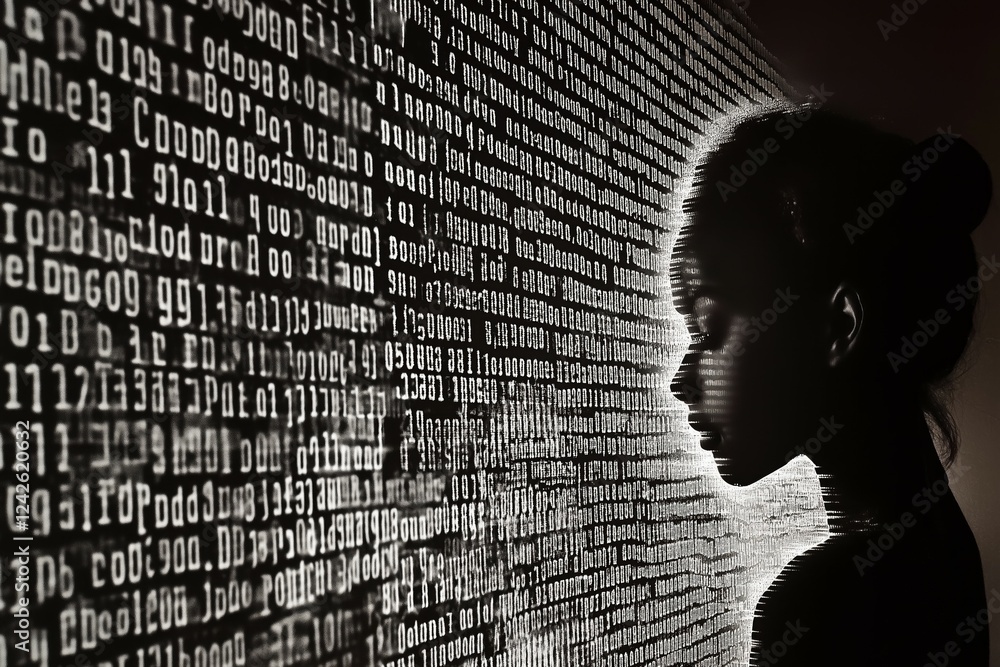 Female face with matrix digital numbers artifical intelligence AI theme ...