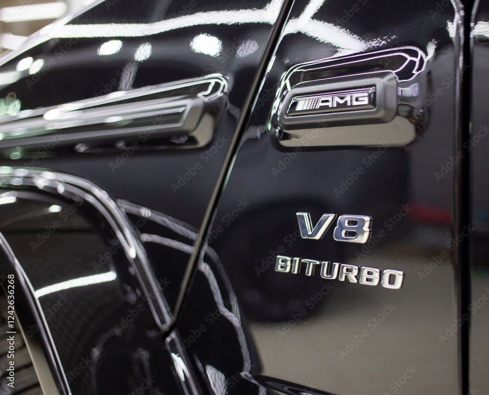 The logo sign of a Mercedes Benz G63 AMG V8 Biturbo. Premium luxury ...