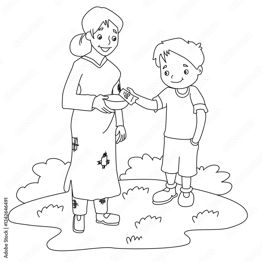 Cute cartoon hand drawn vector boy giving money to poor woman coloring ...