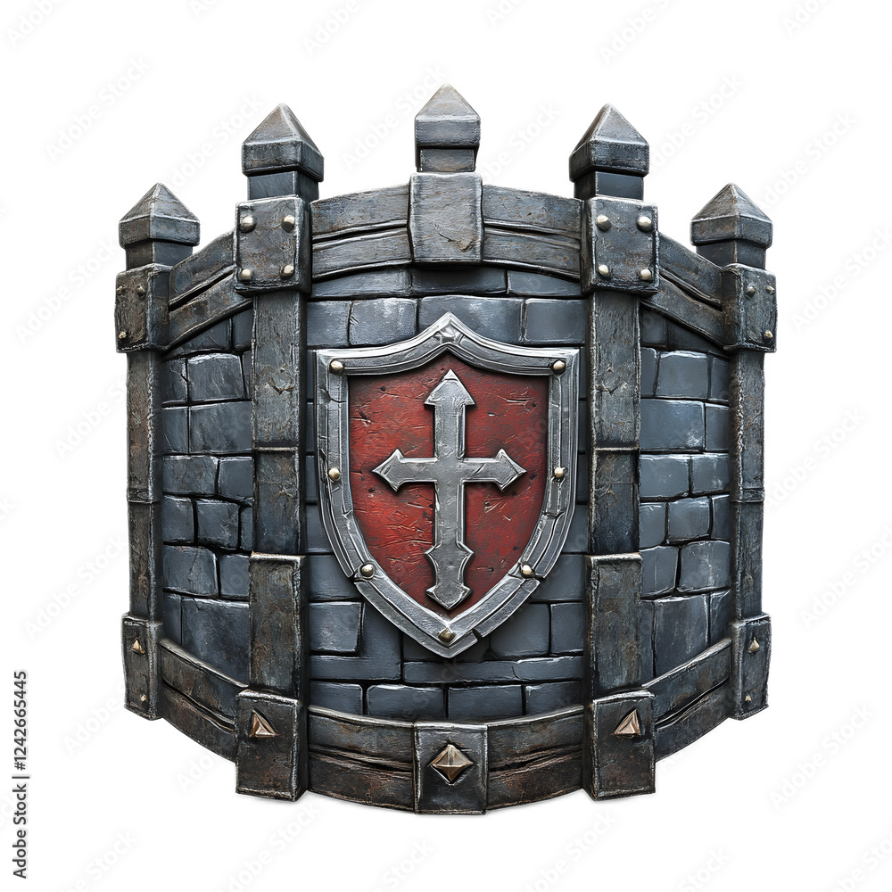 Majestic Medieval Castle Fortress with Heraldic Shield and Cross Symbol ...