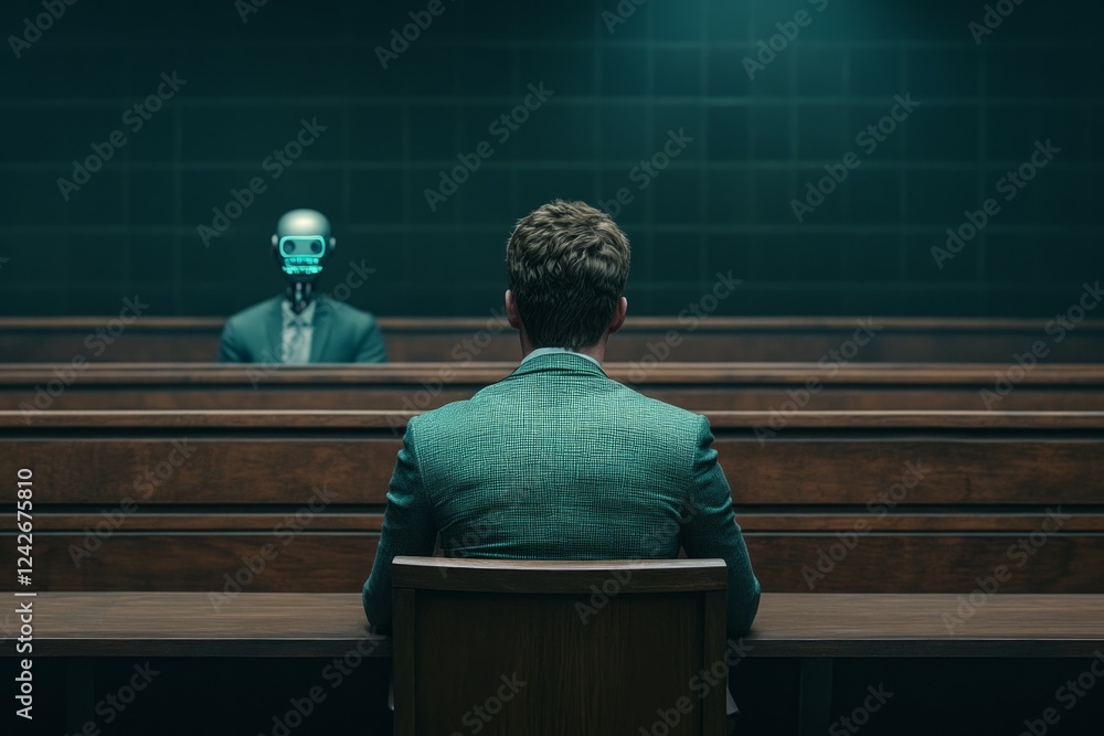 A photograph captures a courtroom scene where the defendant is an ...