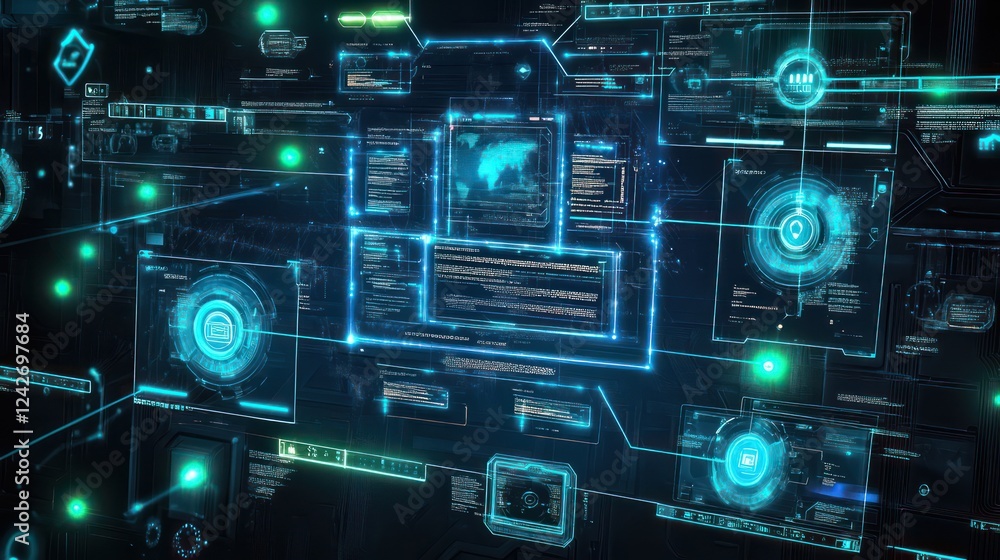 Futuristic digital cybersecurity interface, showing multiple layers of protection with firewalls ...
