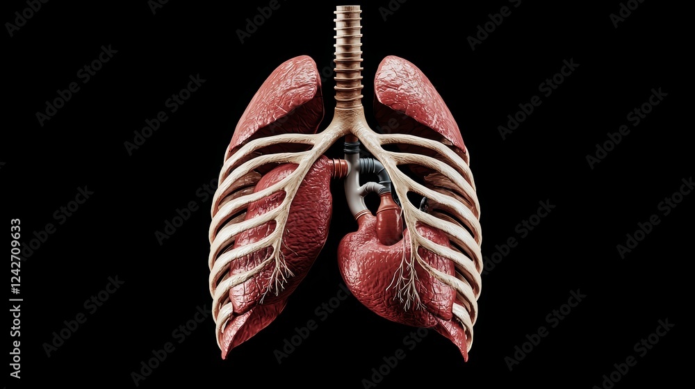 Realistic 3D diagram of the respiratory system showing the bronchial ...