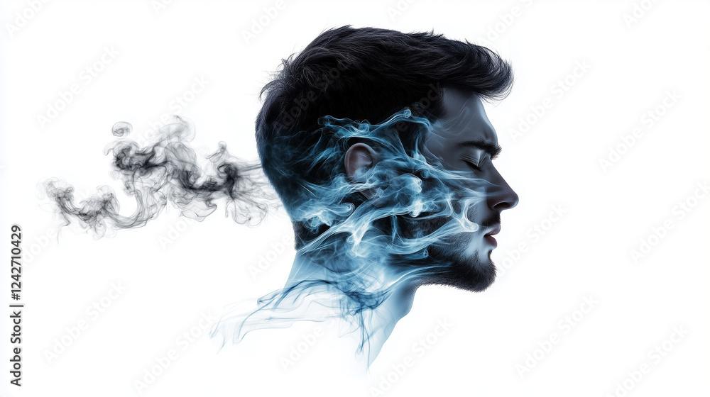 Stylized profile of a man with blue smoke effect emerging from his head ...