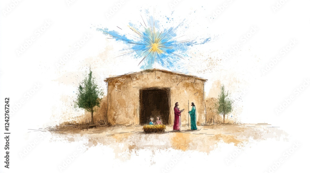 Bethlehem Nativity Scene Watercolor Painting with Holy Family, Baby ...