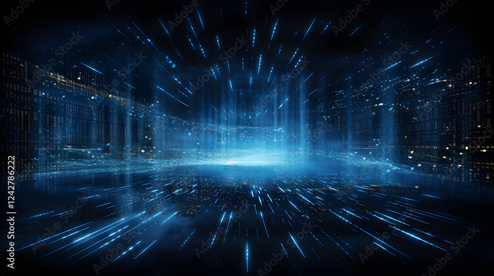 Digital and technological background with falling blue data particles ...