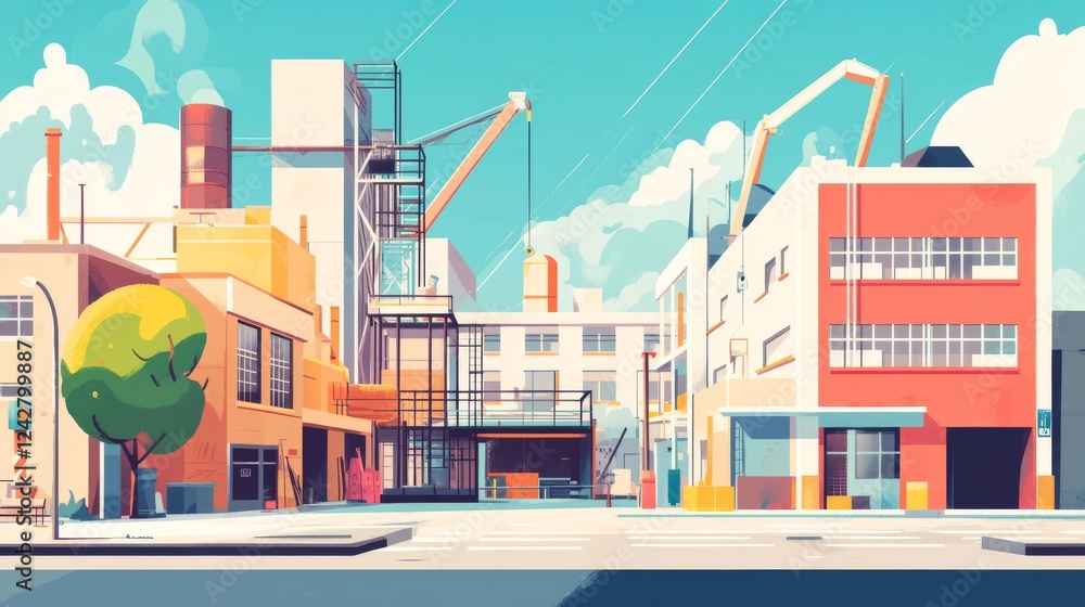 Complex of factory buildings - industrial landscape. Stylized image ...