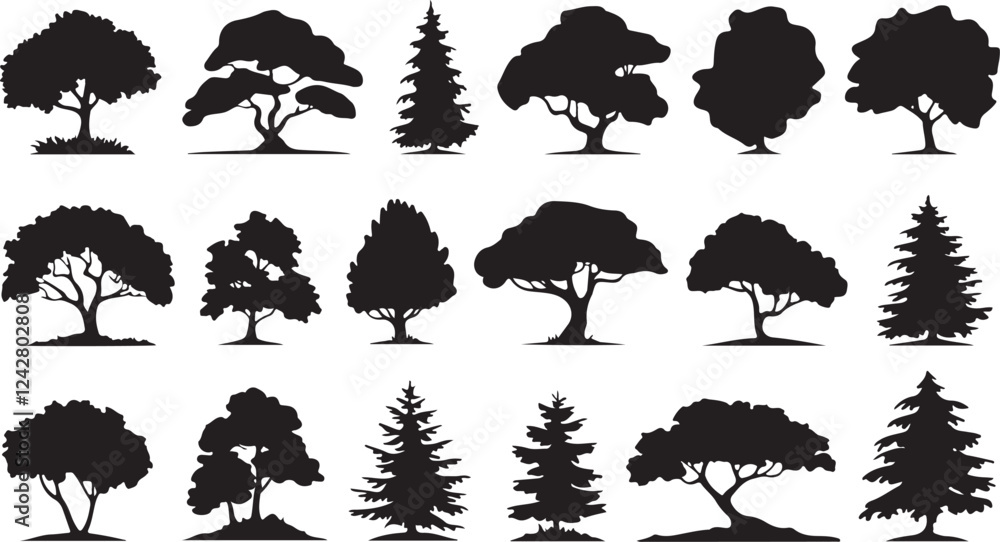Pine tree silhouettes. Evergreen forest firs and spruces black shapes ...