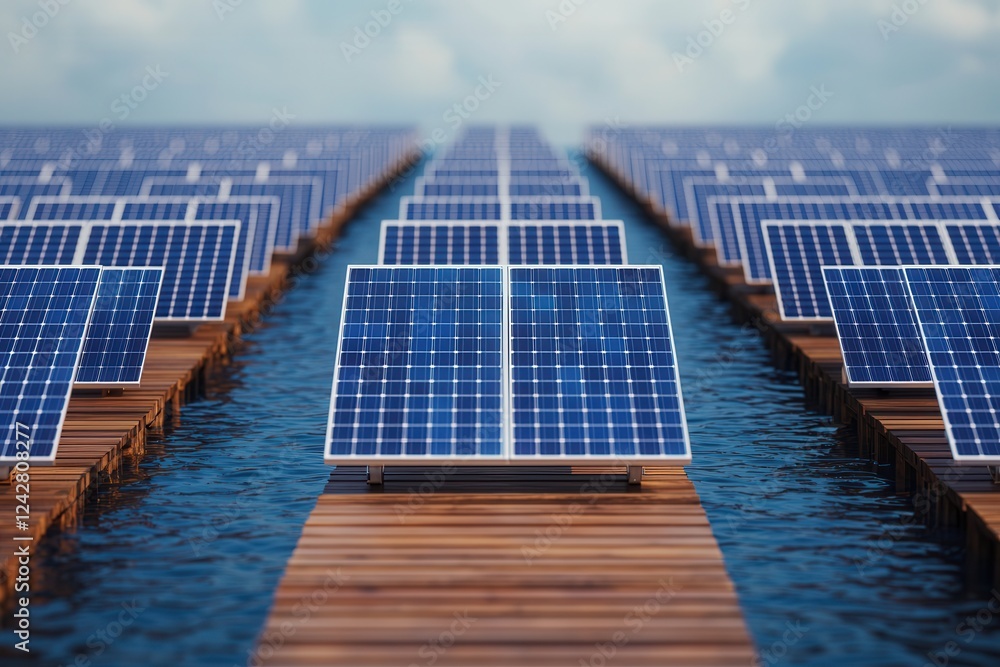 Floating solar farm on calm lake with natural colors and reflections Stock Photo | Adobe Stock