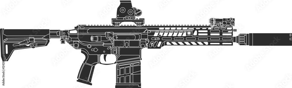 Assault rifle with optical sight and silencer without contours, icon of ...