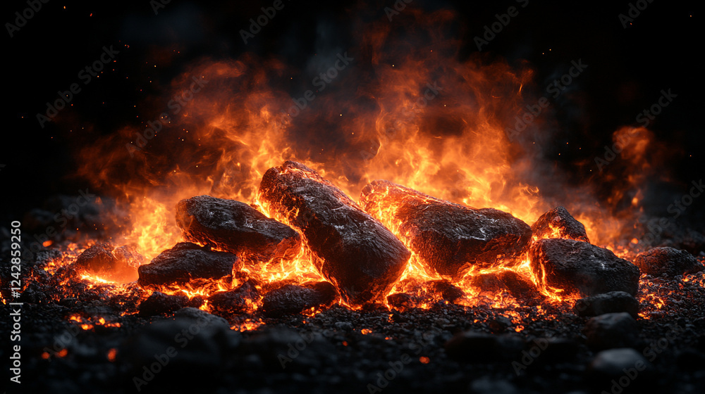 Fiery Embers Glowing Hot Burning Bright Intense Coal Fire Dramatic Dark ...