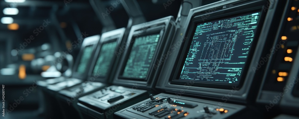 Bridge consoles display ship data; futuristic control room background ...