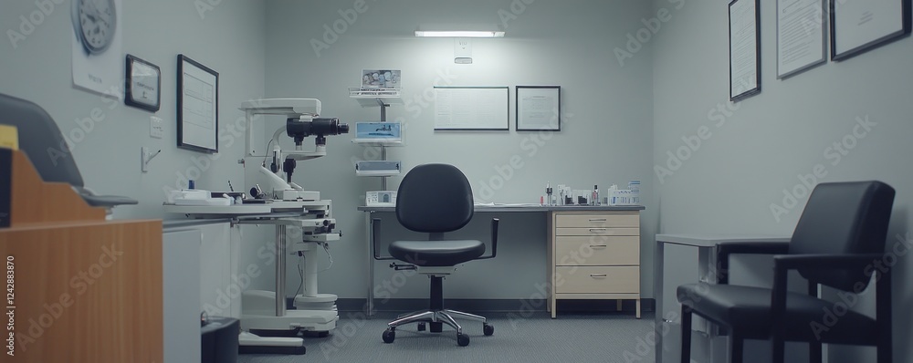 Empty eye exam room; ophthalmic equipment; waiting chair; wall art ...