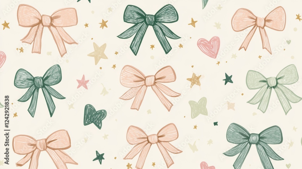 whimsical bow pattern, pastel color palette, scattered stars and hearts ...