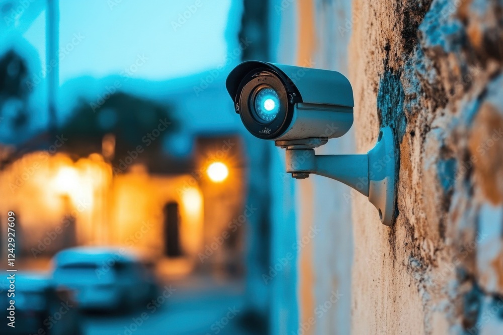CCTV camera installed on a high external wall of a building. Night ...