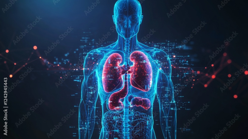 Medical illustration front view human torso, glowing blue translucent ...