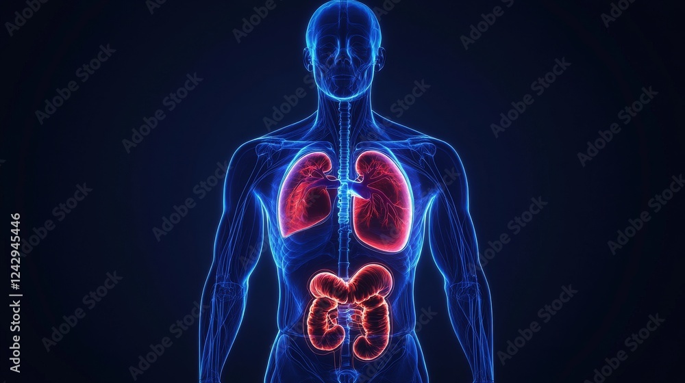 Medical illustration front view human torso, glowing blue translucent ...
