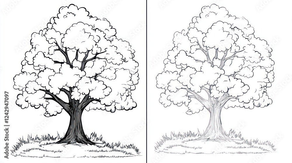 Two tree drawings, side-by-side comparison, shading techniques, nature ...
